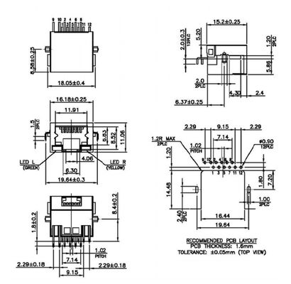 Low Profile Cat5 Shielded LED Mid PCB RJ45 Socket LPJE4730BENL