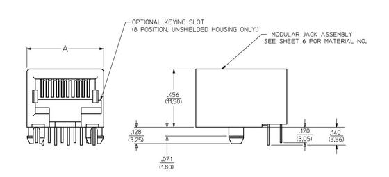 432026101 6p6c 1X1 Port PCB Modular Jack Right Angle Tab Down NO LED