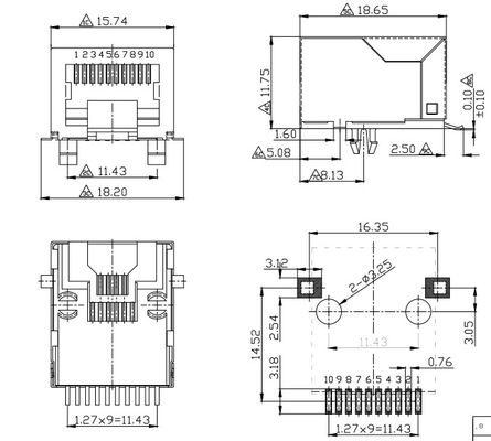 10p10c Smt Rj50 Connector 10 Position Surface Mounting Ethernet Socket
