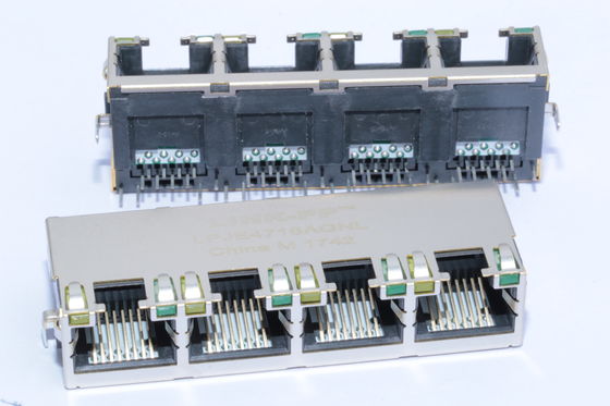 Low Profile RJ45 Jack 1x4 Port With LED Magnetics Connector LPJE4718AGNL
