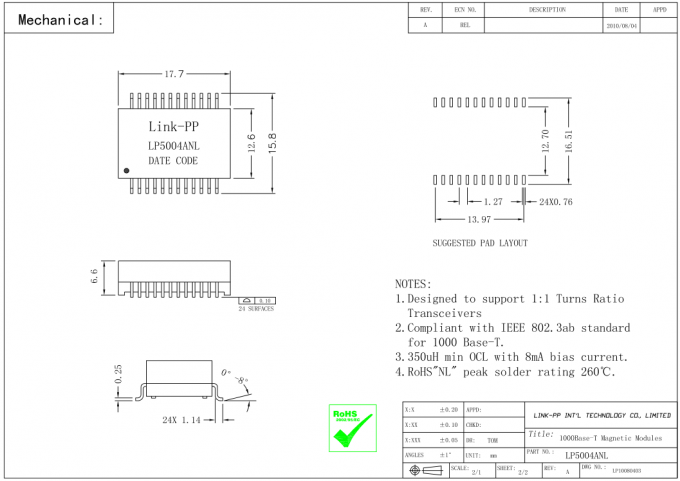 Gigabit TG1G-E001NZRL Lan Transformer IEEE 802.3ab Standard For Networking