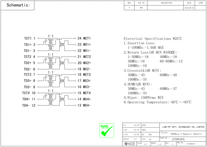Gigabit TG1G-E001NZRL Lan Transformer IEEE 802.3ab Standard For Networking