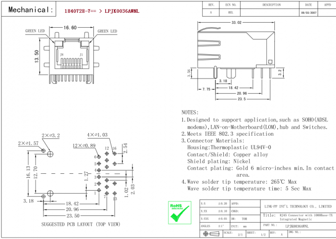 1840728-7 Mag Rj45 Jack 1G41 Gigabit Schematic Shieled With LED Server ...