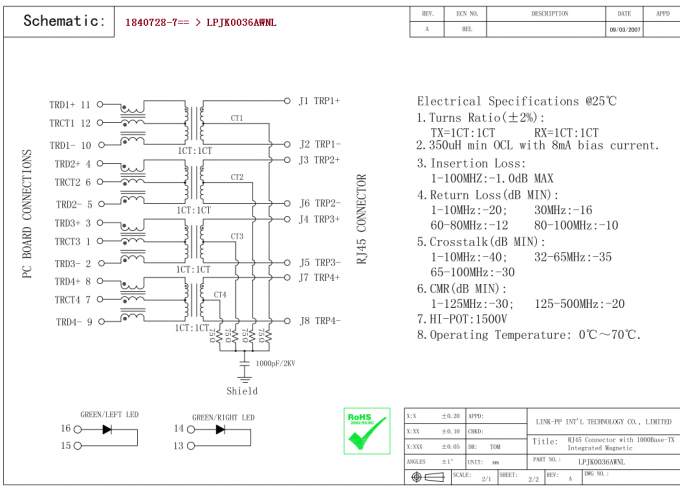 1840728-7 Mag Rj45 Jack 1G41 Gigabit Schematic Shieled With LED Server ...