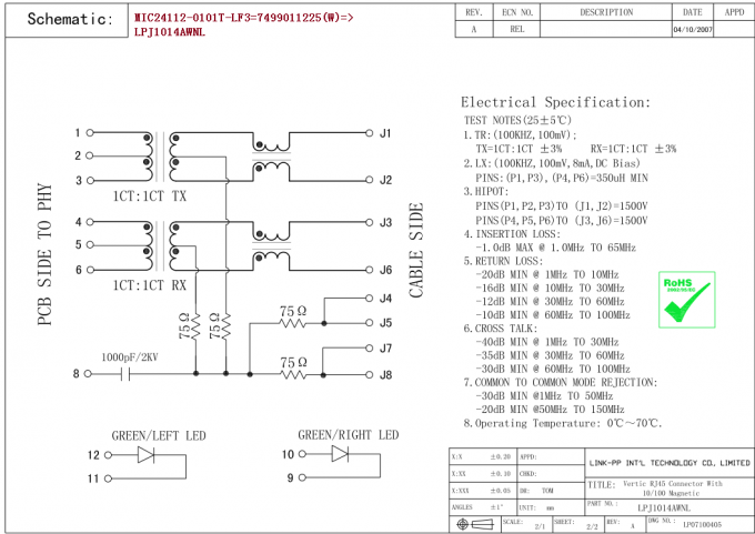 MIC24112-0101T-LF3 Dateacom Transformer 7499011225W 100M LPJ1014AWNL