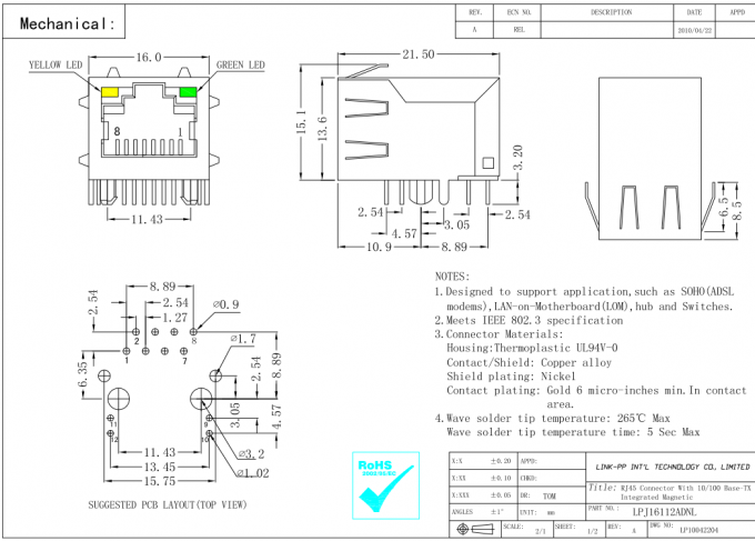 46F-1202YGD2NL Single Port Connector Tab-Up LPJ16112ADNL For Media ...