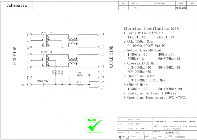 46F-1207NDNW3NL RJ45 Single Port LPJ16211DNL Embedded Serial-to-Ethernet