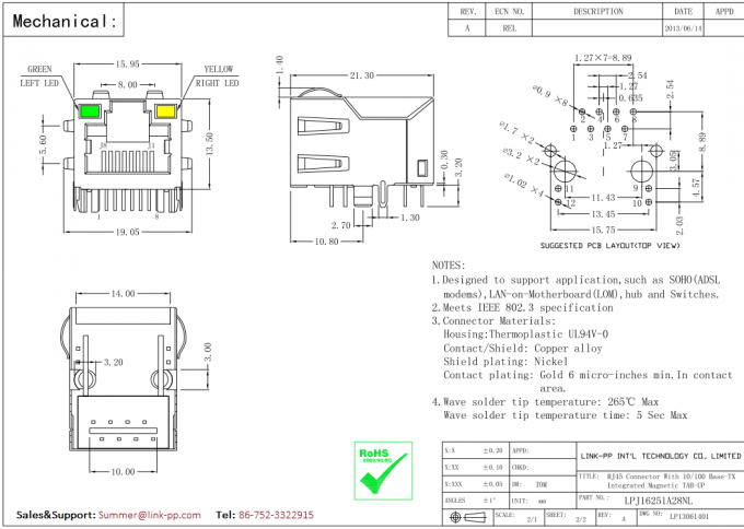 Rj45 Connector Types C-1605752-1 100Base-T LPJ16251A28NL Fast Ethernet