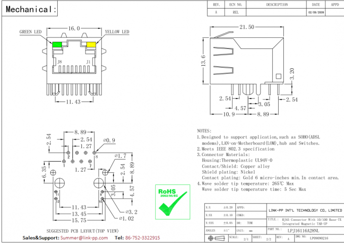 Rj45 connector types 1605790 10 / 100Base-T LPJ16251A28NL Fast Ethernet