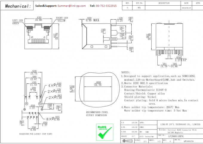 Vertical Rj45 Connector LPJD0011BENL 10 / 100Base-T 180° Degree PCB ...