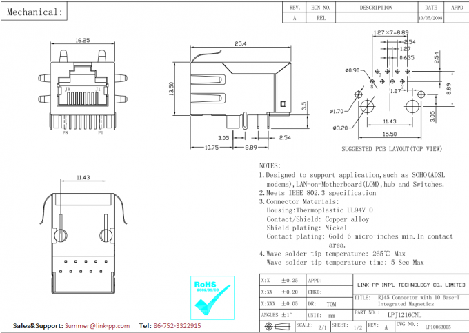 HFJT1-S101RL Rj45 Connector with 10Base-TX Integrated Magnetics LPJ1216CNL