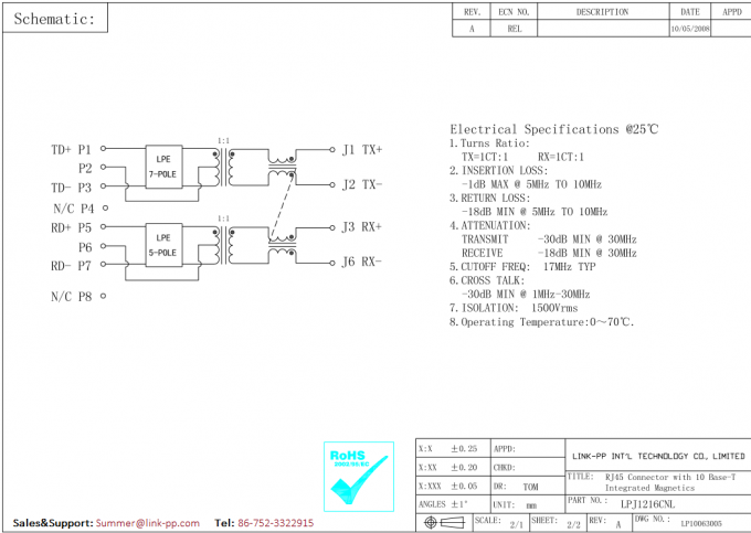 HFJT1-S101RL Rj45 Connector with 10Base-TX Integrated Magnetics LPJ1216CNL