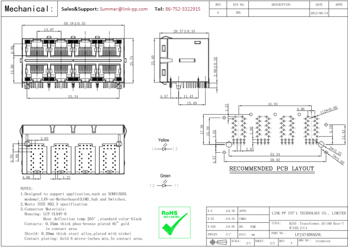 Stacked Jack Rj45 P59-1G4-5DV9 10 / 100Base-T W / LED LPJ47408AGNL ...