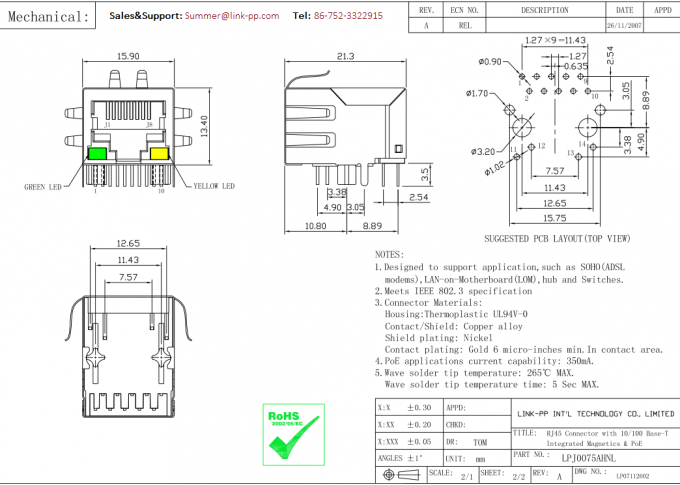 POE RJ45 Connector P65-101-1HQ9 and LPJ0075AHNL 10 / 100Base-T For Poe ...