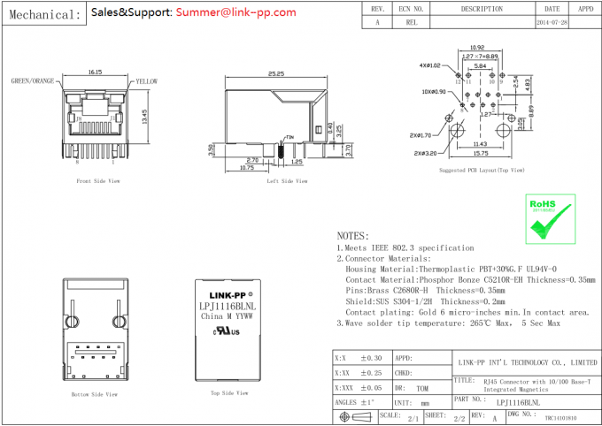 XRJH-01B-P-D51-58S RJ45 With 10 / 100Base-T Integrated Magnetics ...