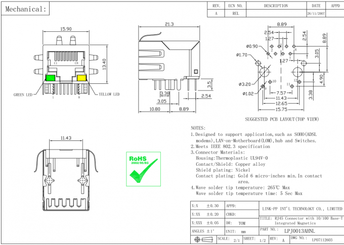 LU1T041X-43LF , MagJack Rj45 LPJ0013AHNL 10/100Base-T Ethernet Connector