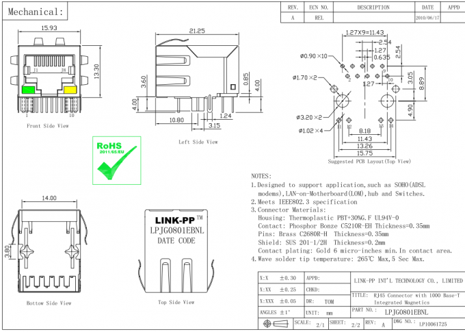 48F-01GY2DPL2NL Magnetic RJ45 Female Jack LPJG0801EBNL for Networking