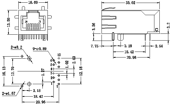 HY901184A 10/100Base-T POE RJ45 Connector LPJK0010CNL 1x1 Magnetics Tab-up