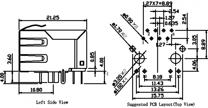 6605408-1 Rj45 Integrated Magnetics PCb Layout Modular Jack, Shielded