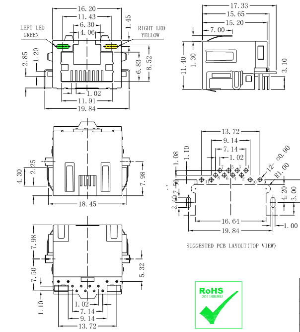 Mid mount RJ45 PCB Edge Low Profile Jack W /LED , LPJE4713AHNL