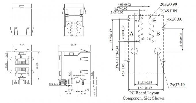 ARJ21A-MCSB-MU2 Stacked RJ45 8p8c Ethernet 2x1 Ports Shielded With LED
