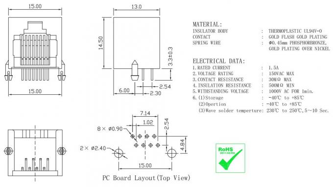 MODS-G-8P8C-G Single Port RJ45 Modular Jack Cat5 Connector LPJE8015NNL