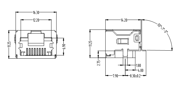 Modular Low-Profile RJ45 Jack SMT Mid Mount Shielded Tab Up 8.5mm ISO9001