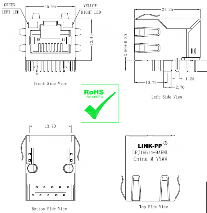 RT7-114ATK1G 10/100 Base-T Tab Up RJ45 Magnetic Connector Cross ...