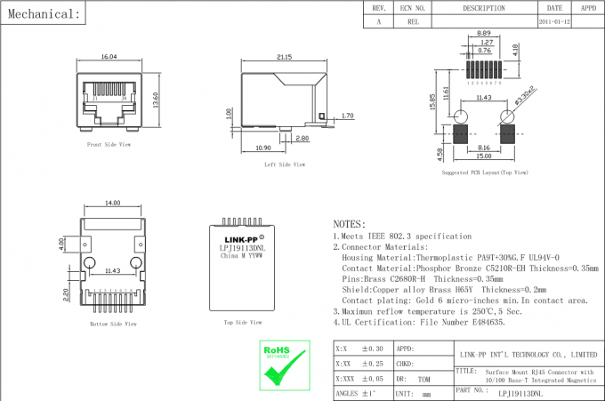 J0C-0003NLT 1x1 Port SMT RJ45 Jack Magnetic Network Connector Without Led