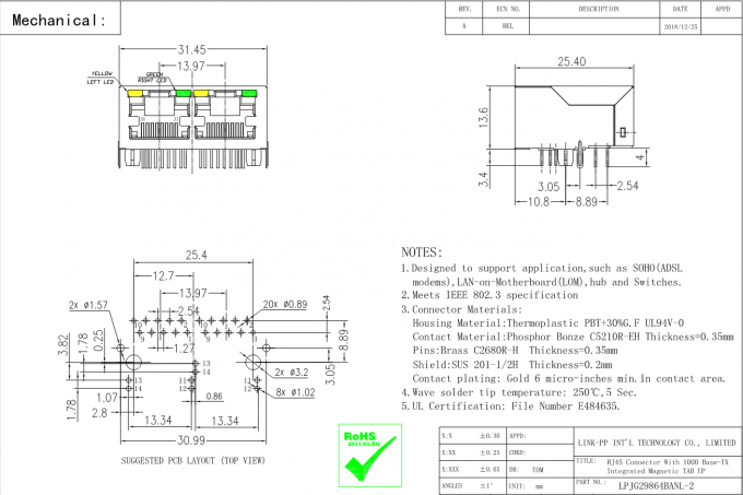 JXD1-2016NL 1000 Base-T Tab Up 1x2 Port Modular Magnetic Rj45 Network Jack