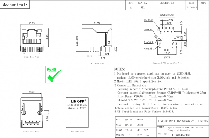 JXD1-0019NL Yellow / Green Led 1x1 Port 1000 Base-T RJ45 Connector Module