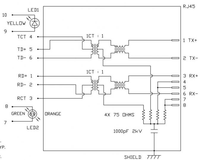 0875-1X1T-P2 6 Pin Rj45 Magjack Single Port 10/100BASE-T Tab Up OG/Y Led