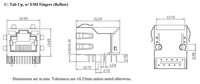 ARJM11A1-009-NN-ER3 NO Led 100 BASE-T Tab Down Single Port RJ45 ...