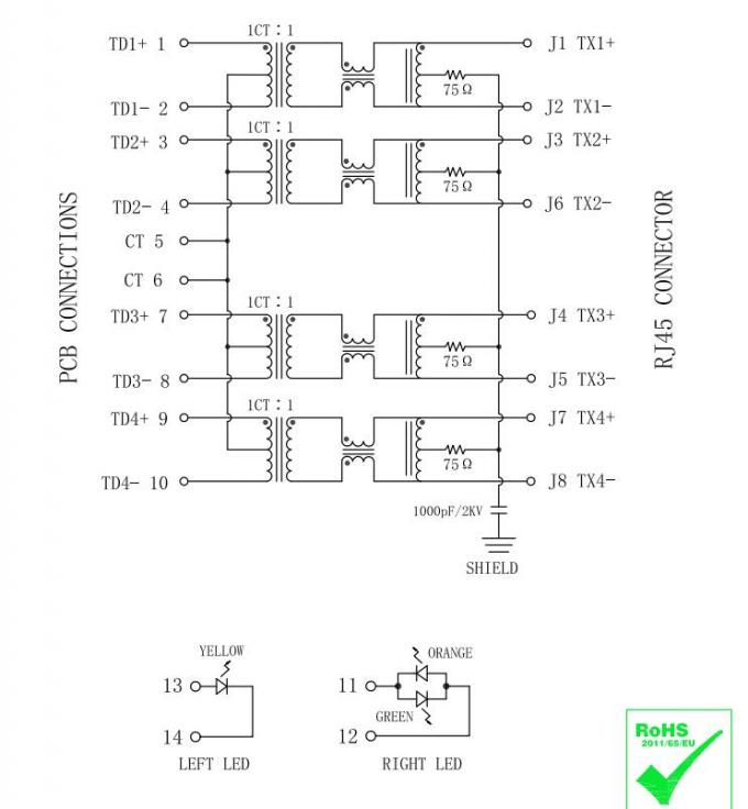 RT7-174AAK1A 100/1000 Base-T Single Port RJ45 Female Connector Tab Up Yellow/Green&Orange Led