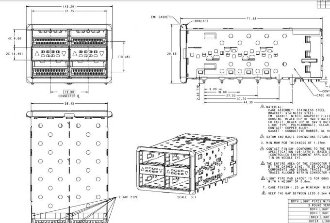 TE 2214574-4 QSFP+ 2x2 Cage Connector With Elastomeric Gasket 14 Gb/S