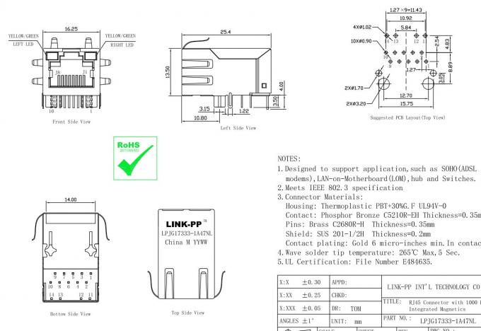 RTA-1S4A9W1F Compatible LPJG17333-1A47NL 1000 Base-T RJ45 Jack Magnetic ...