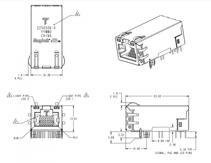 2250506-1 RJ45 MagJack PoE 1000BASE-T Tab Up GO/Y Leds