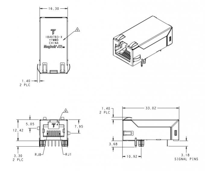 1840783-1 Low Profile RJ45 Jack 100BASE-T Tab Up Without Led