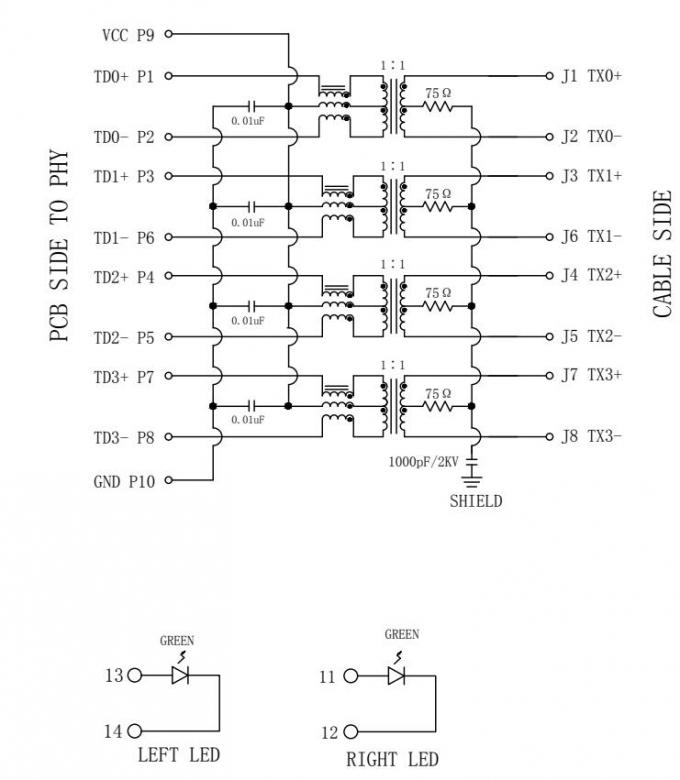 HFJV1-1G06-L11RL Gigabit RJ45 Vertical MagJack 1000 Base-T Green/Green ...